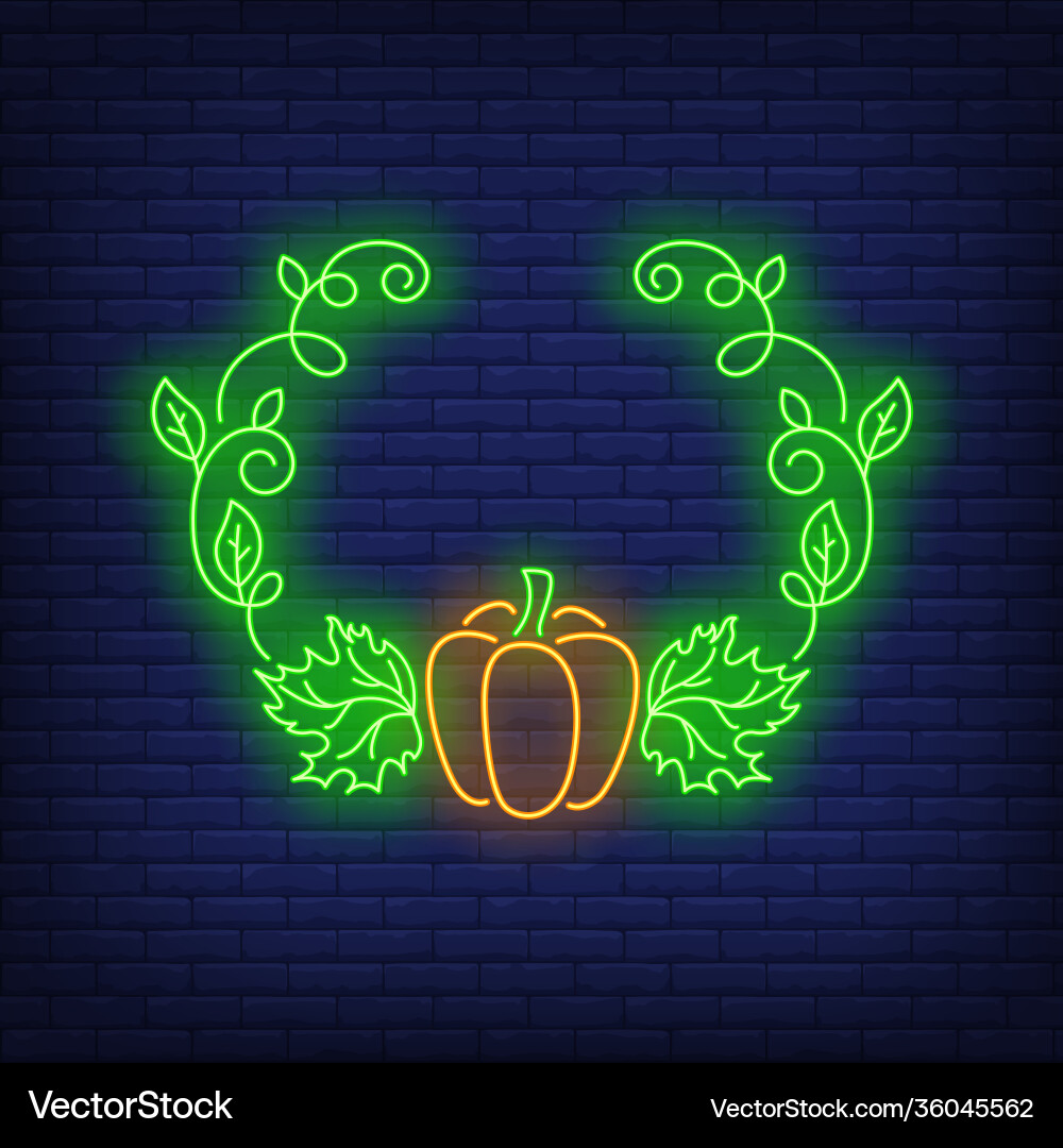 Pumpkin and leaves frame neon sign Royalty Free Vector Image