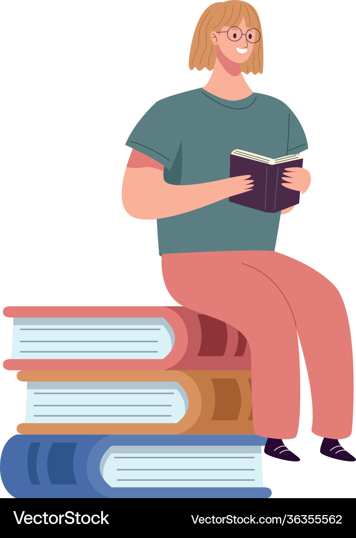 Reader woman reading book seated in books Vector Image