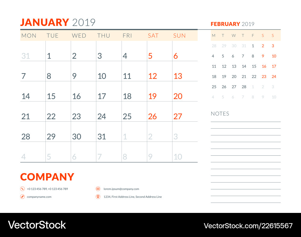 January 2019 week starts on monday calendar Vector Image
