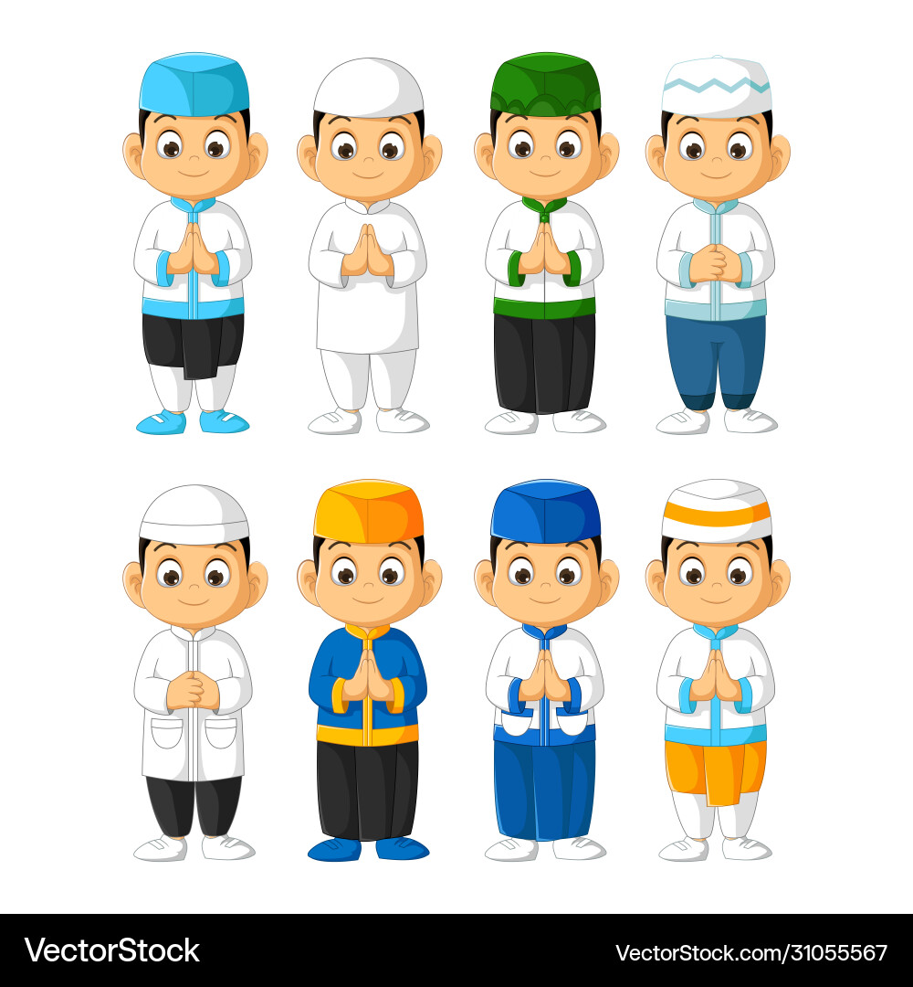 Muslim boy cartoon set isolated Royalty Free Vector Image