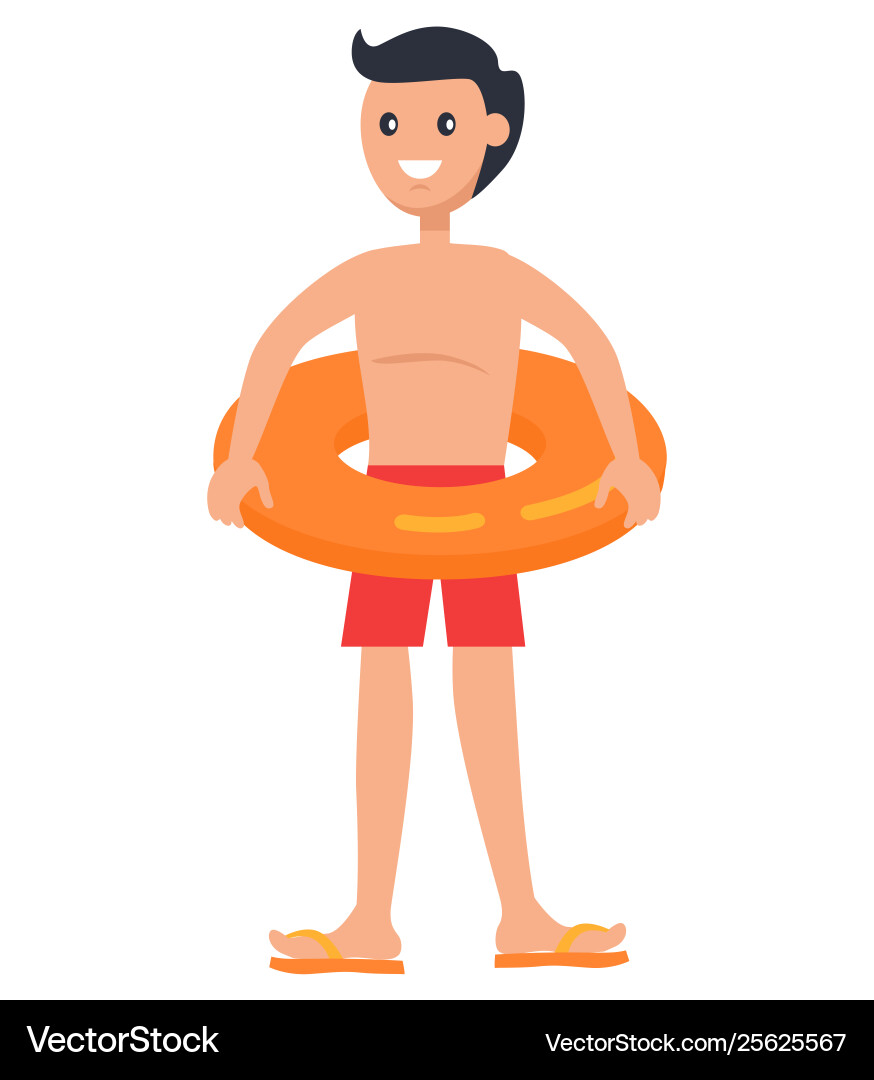 Standing boy in lifebuoy isolated icon Royalty Free Vector