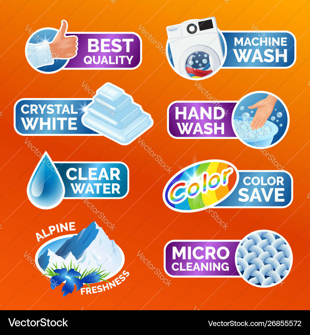All washing clothes stickers set - micro cleaning Vector Image