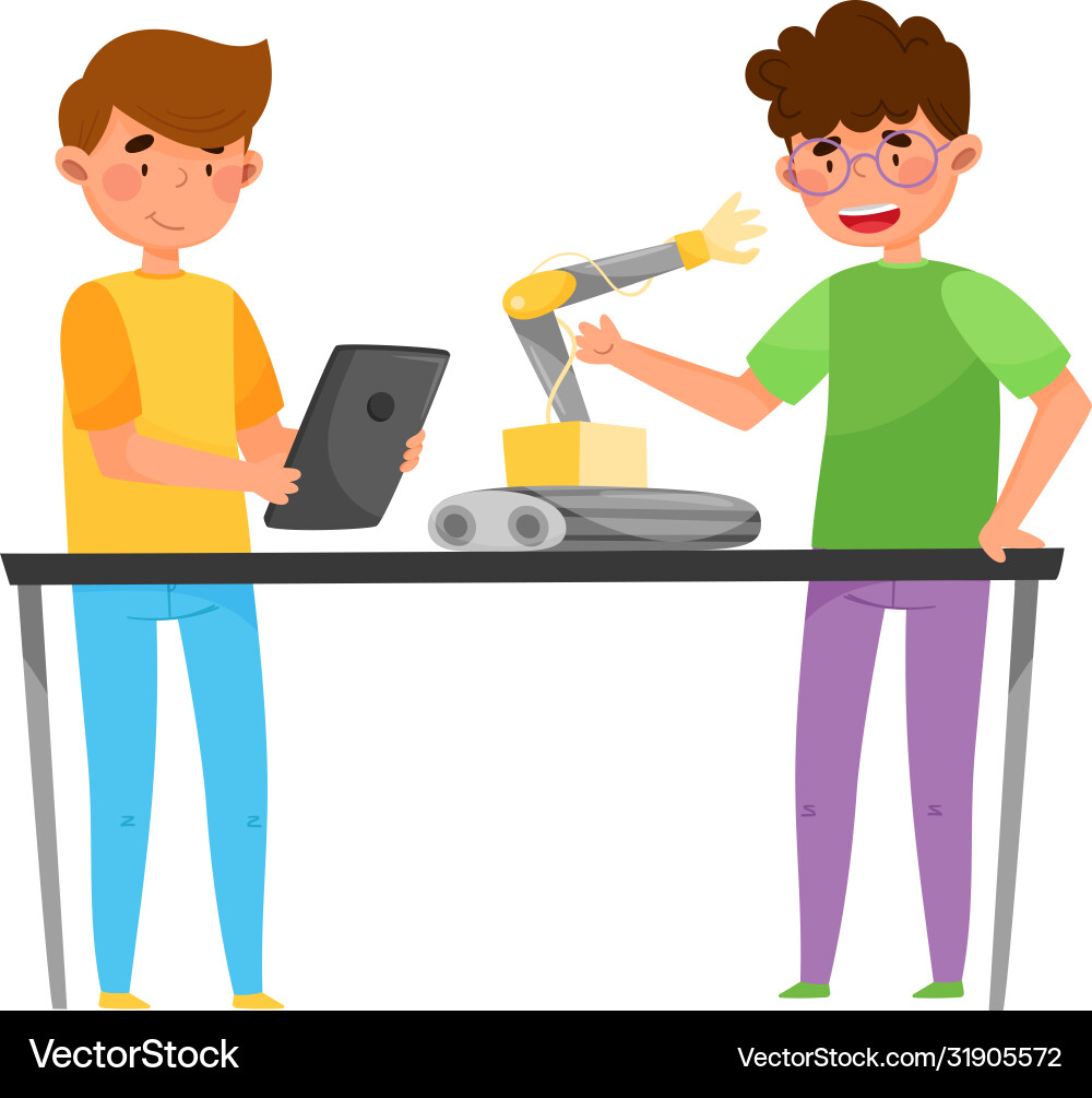 Boys teenagers standing at table engineering Vector Image