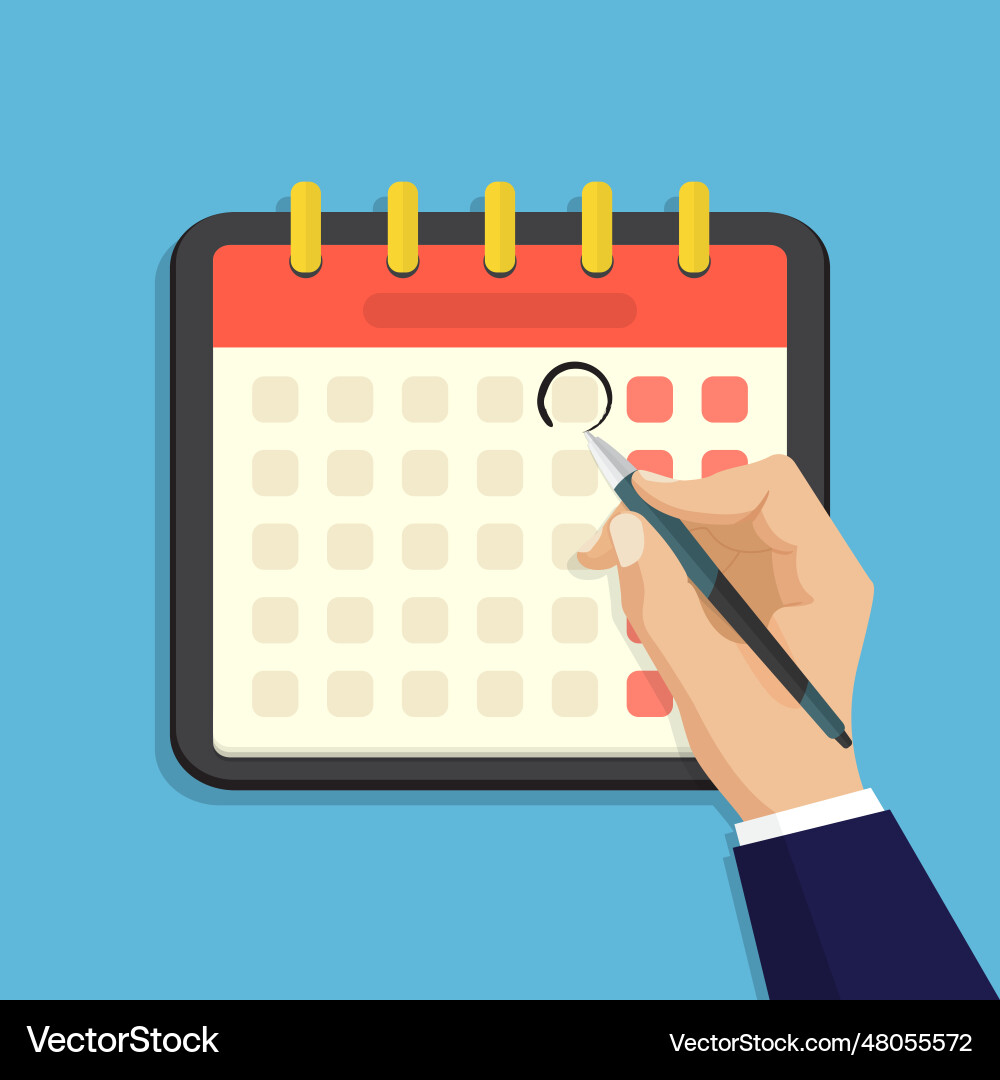 Hand with pen mark calendar date in a flat design Vector Image