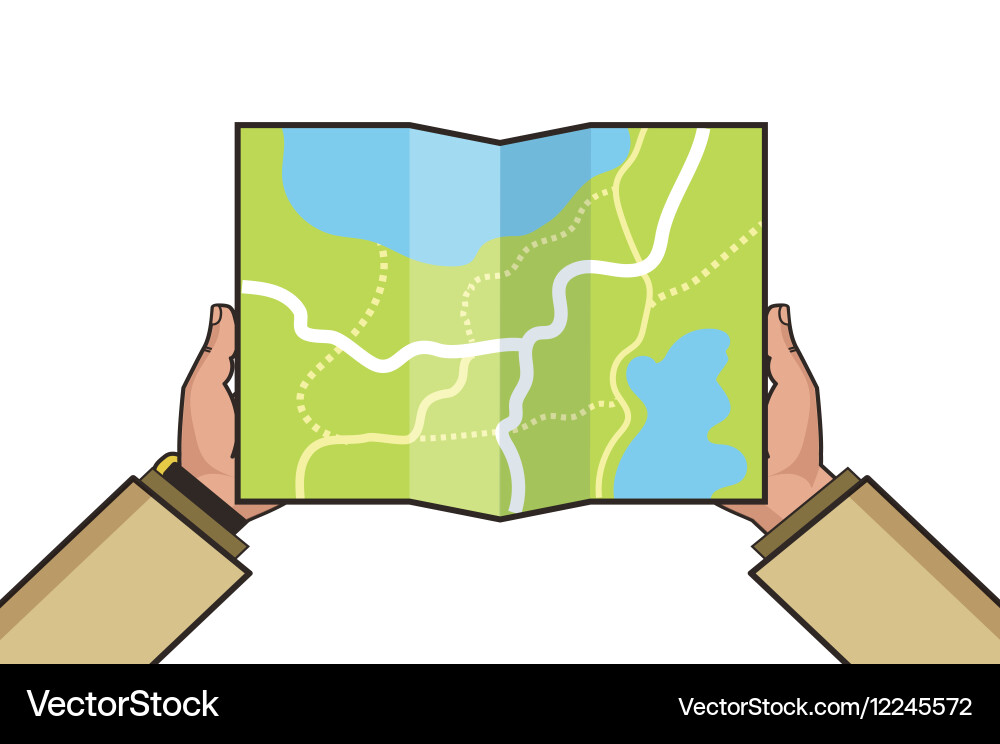 Hands holding paper map Folded map in hands of Vector Image