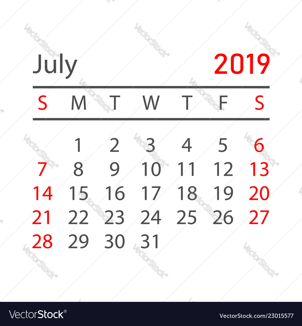 Calendar july 2019 year in simple style Royalty Free Vector