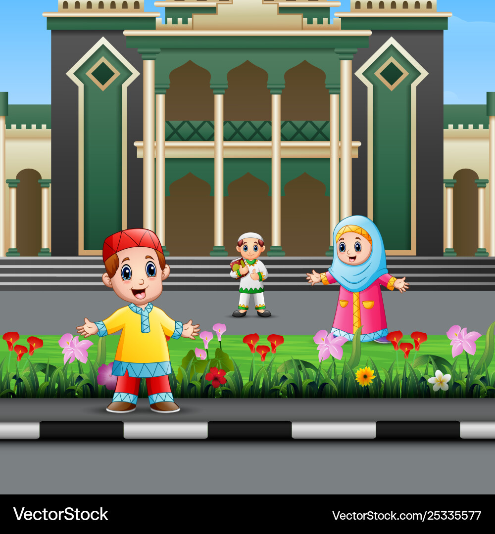 Cartoon muslim kid in front mosque Royalty Free Vector Image
