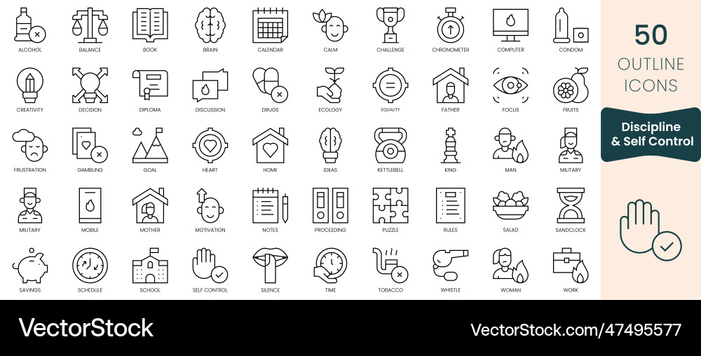 Set of discipline and self control icons thin Vector Image