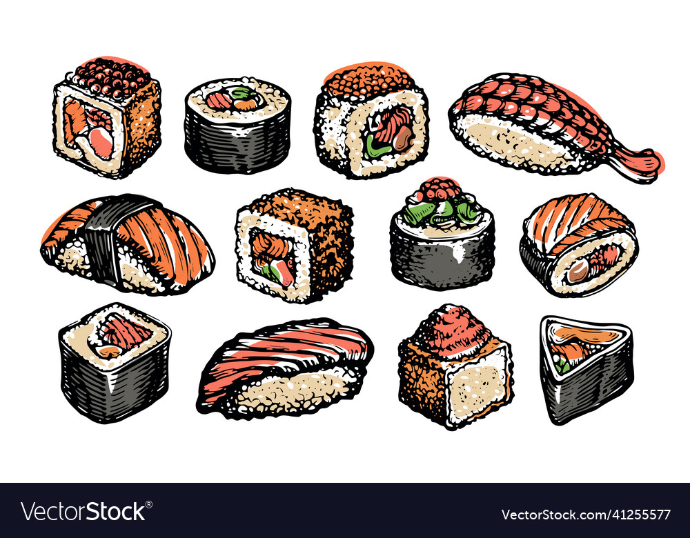 Sushi set hand drawn japanese food Royalty Free Vector Image