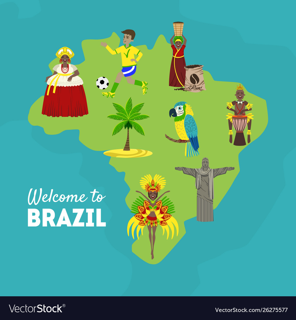 Travel to brazil map with cultural Royalty Free Vector Image