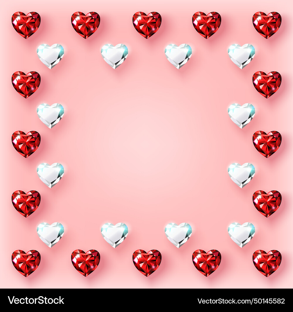 Frame poster rubies diamonds heart shaped pink Vector Image