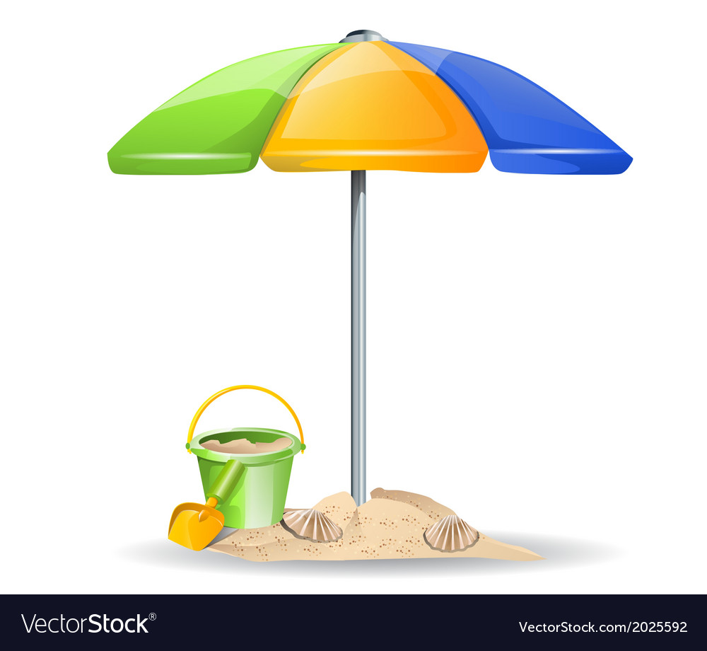 Bucket and sand under umbrella Royalty Free Vector Image