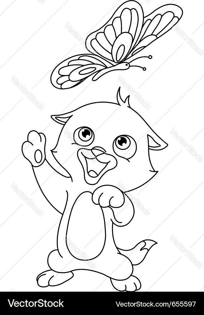 Outlined kitten and butterfly Royalty Free Vector Image