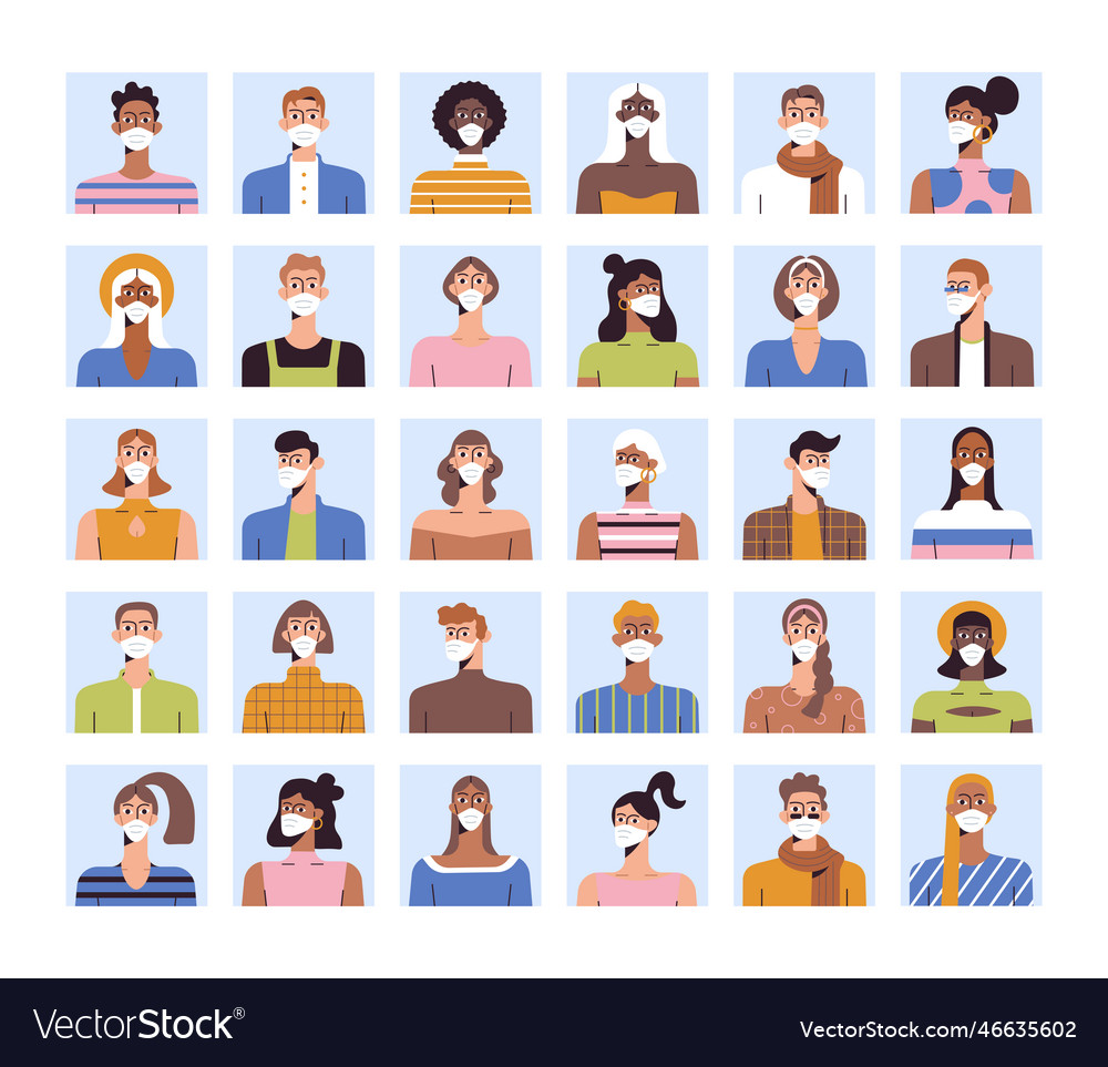 Covid 19 set of square avatars people wearing Vector Image