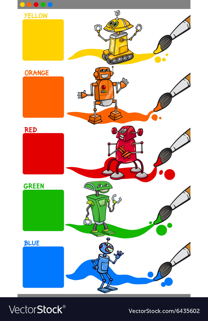 Primary colors with cartoon robots Royalty Free Vector Image