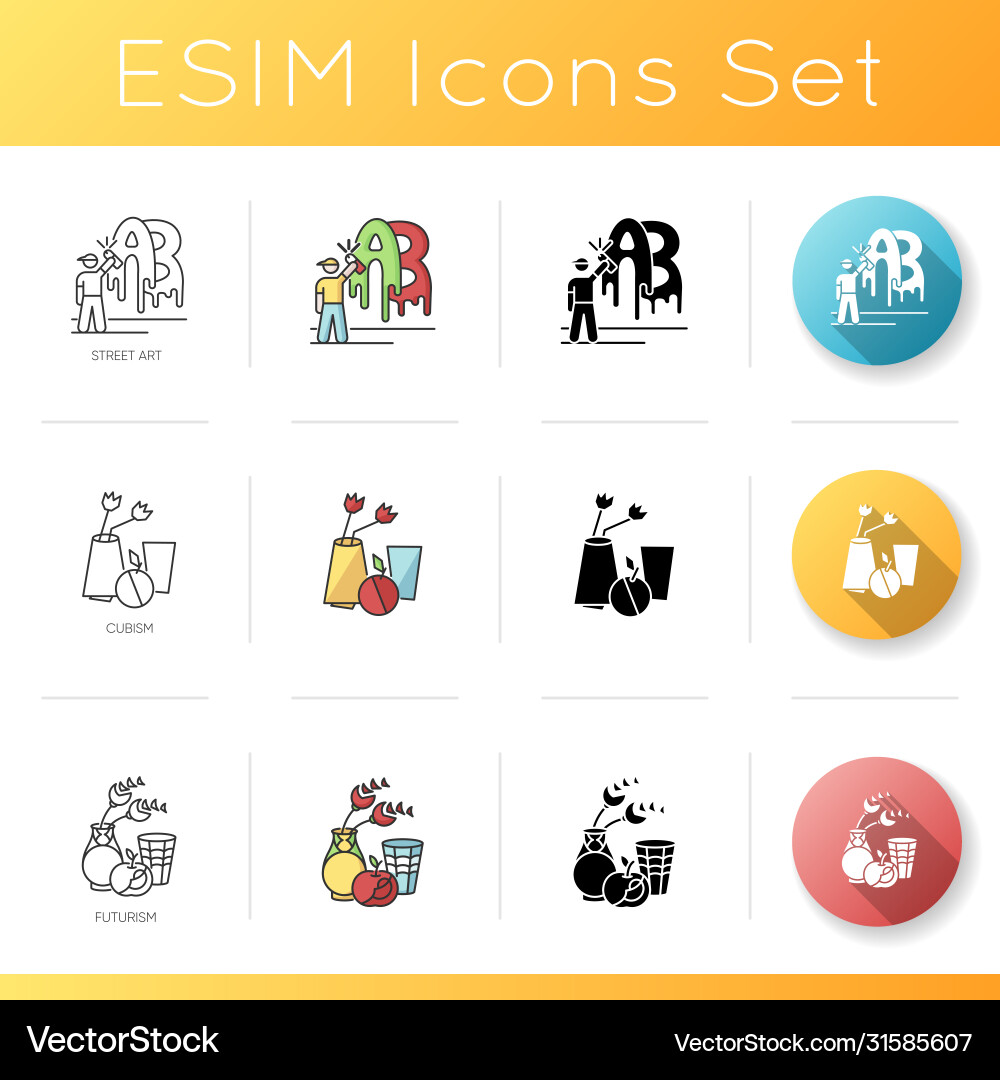 Cultural movements icons set Royalty Free Vector Image
