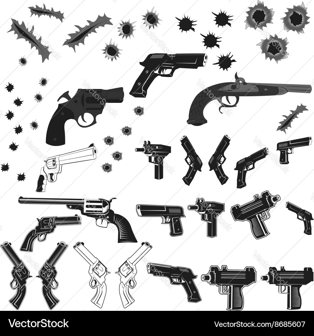 Guns and bullet holes set Royalty Free Vector Image