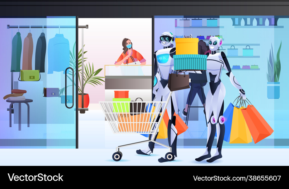 Robots with full purchases trolley cart Royalty Free Vector