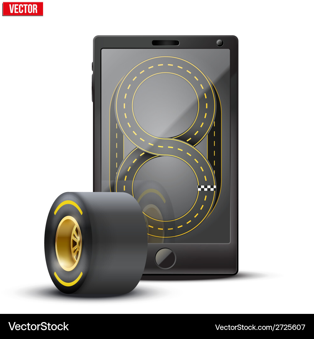 Smartphone with racing wheel and track Royalty Free Vector