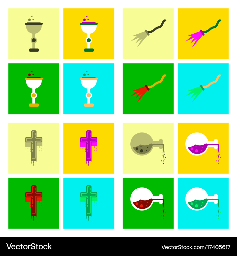 Assembly flat icons cup potion witchs broom cross Vector Image