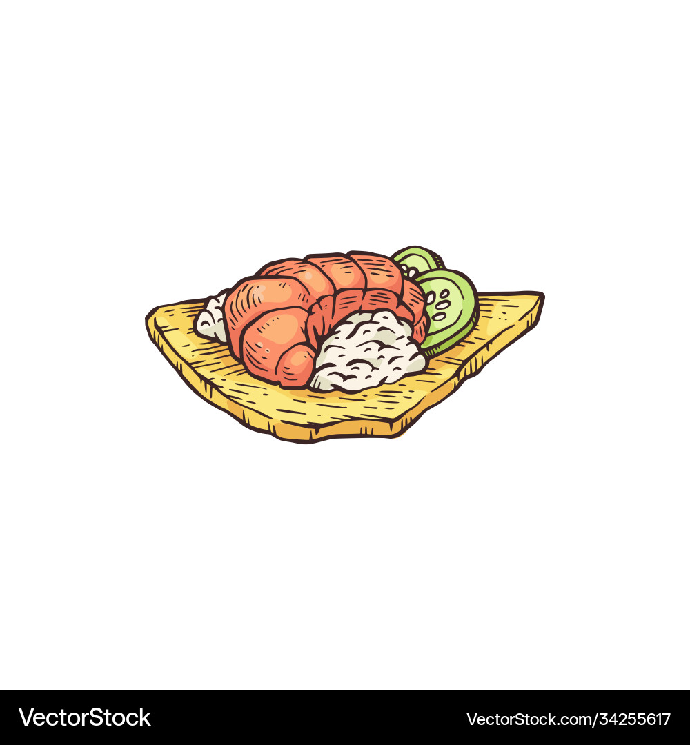 Seafood appetizer dish - hand drawn shrimp on rice