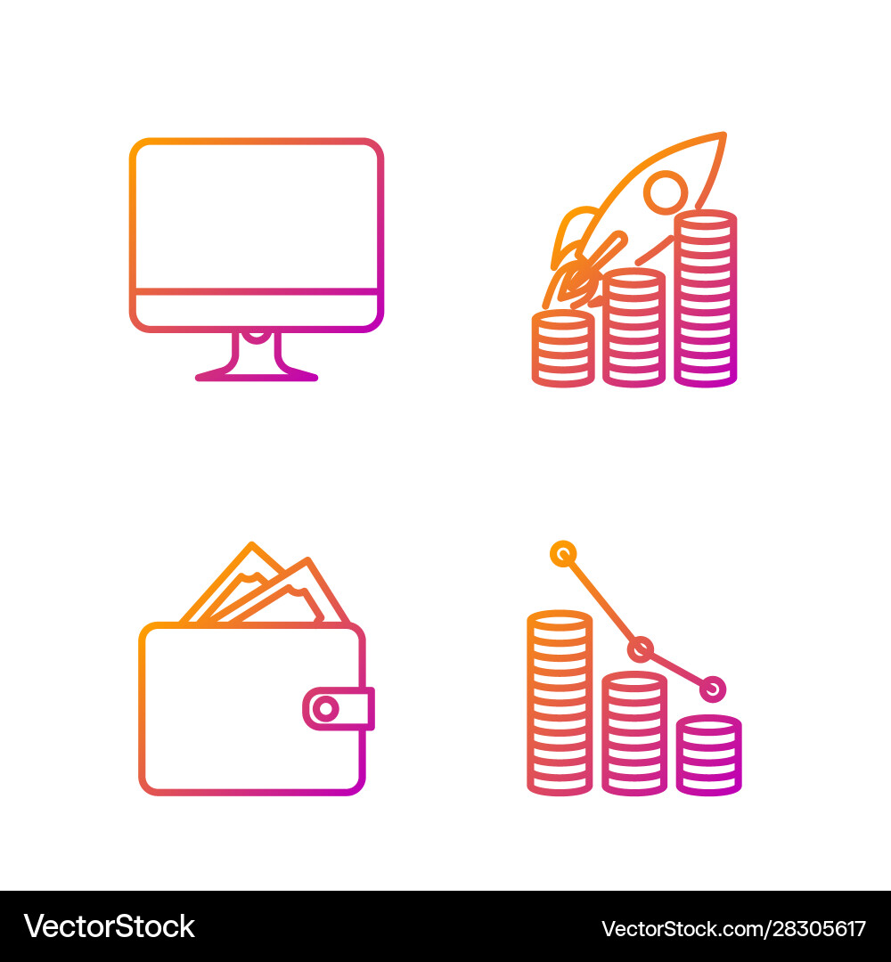 Set line pie chart infographic and coin wallet Vector Image
