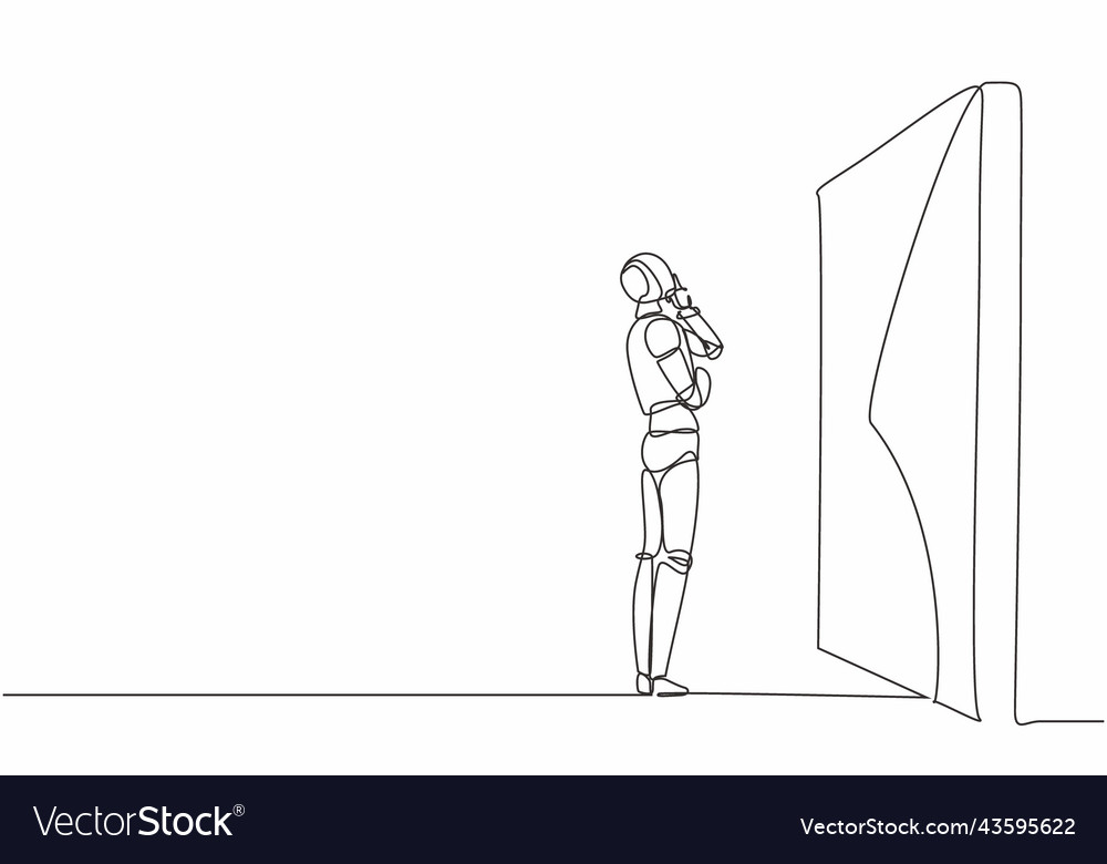 Single continuous line drawing robot thinking Vector Image