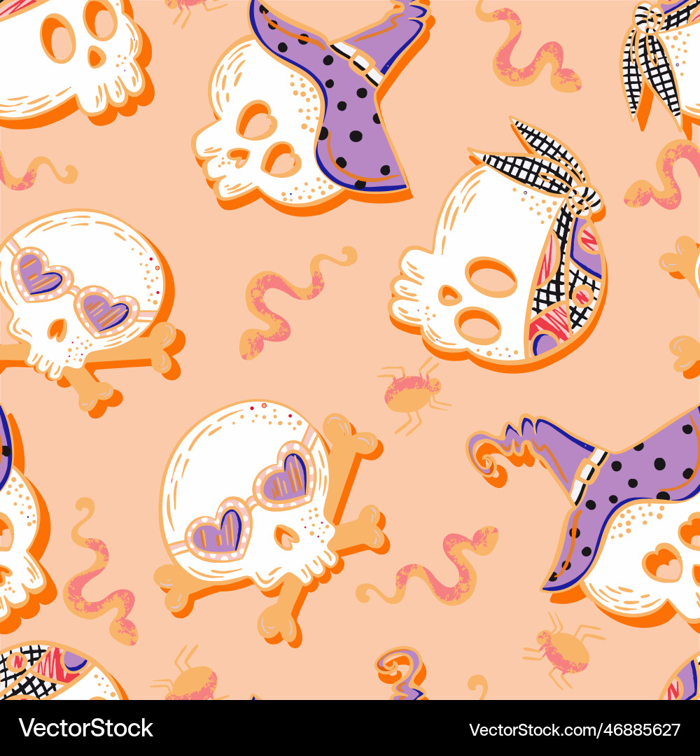 Pastel peach halloween skulls seamless pattern Vector Image