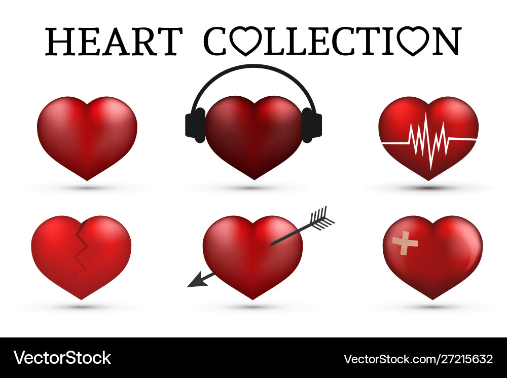 Red heart collections set six realistic hearts Vector Image