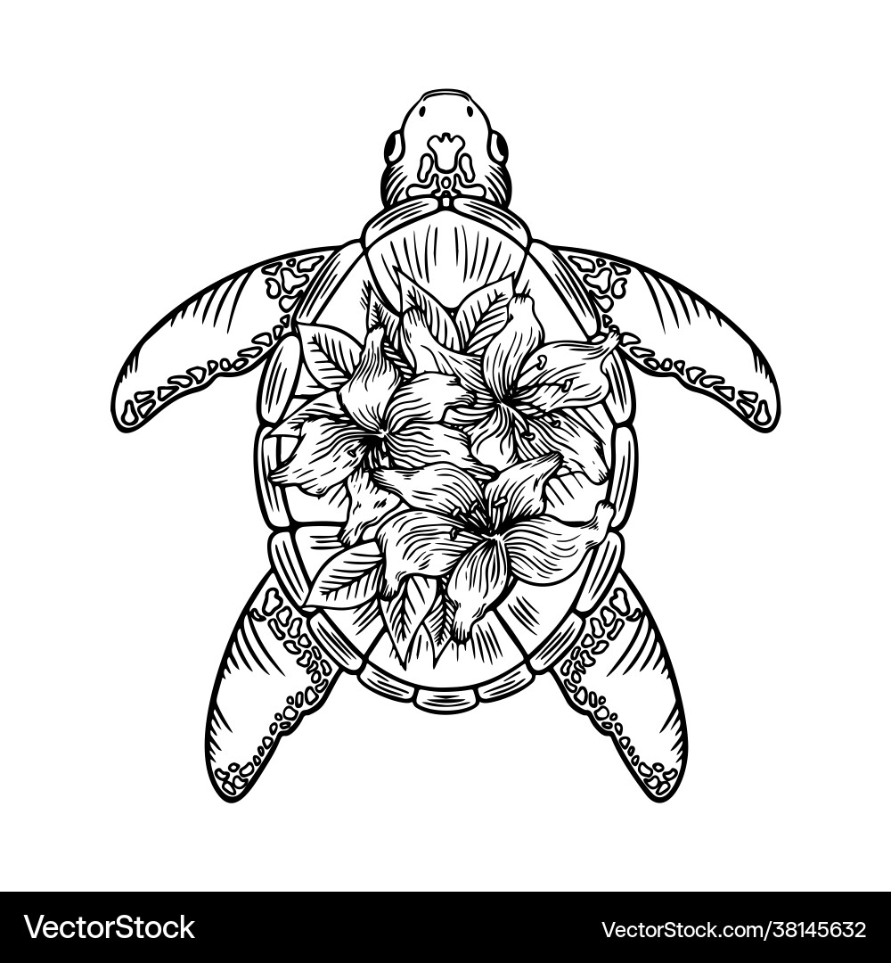 Sketch sea turtle with lilies hand drawn Vector Image