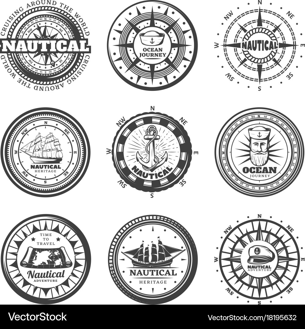 Vintage monochrome round nautical labels set Vector Image