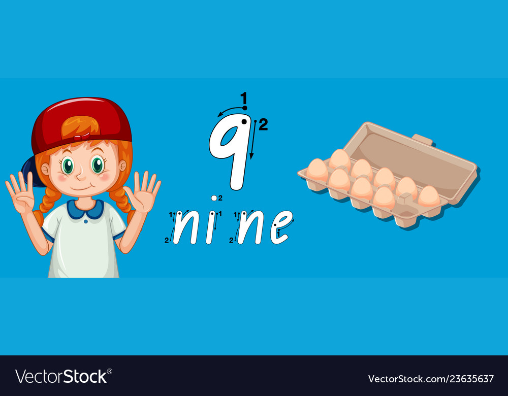 Girl showing how to write number nine Royalty Free Vector Girl showing how to write number nine Royalty Free Vector