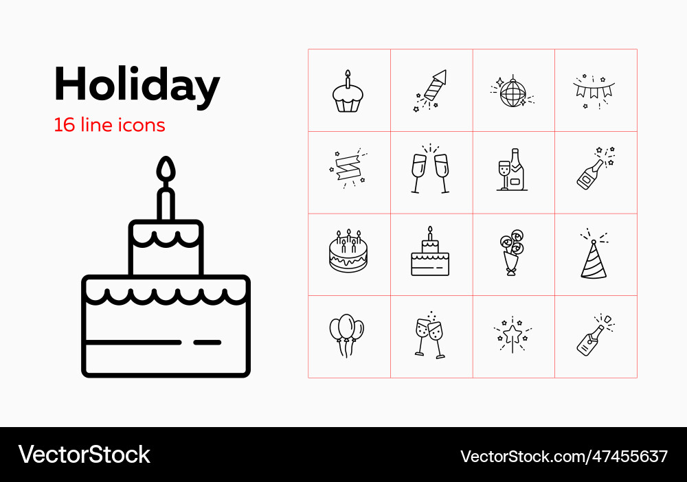 Holiday line icon set cake cracker champagne Vector Image