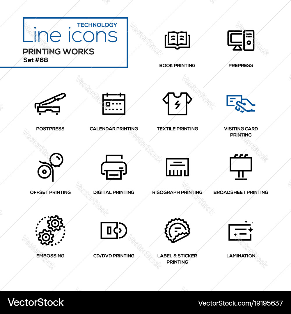 Printing works - line design icons set Royalty Free Vector