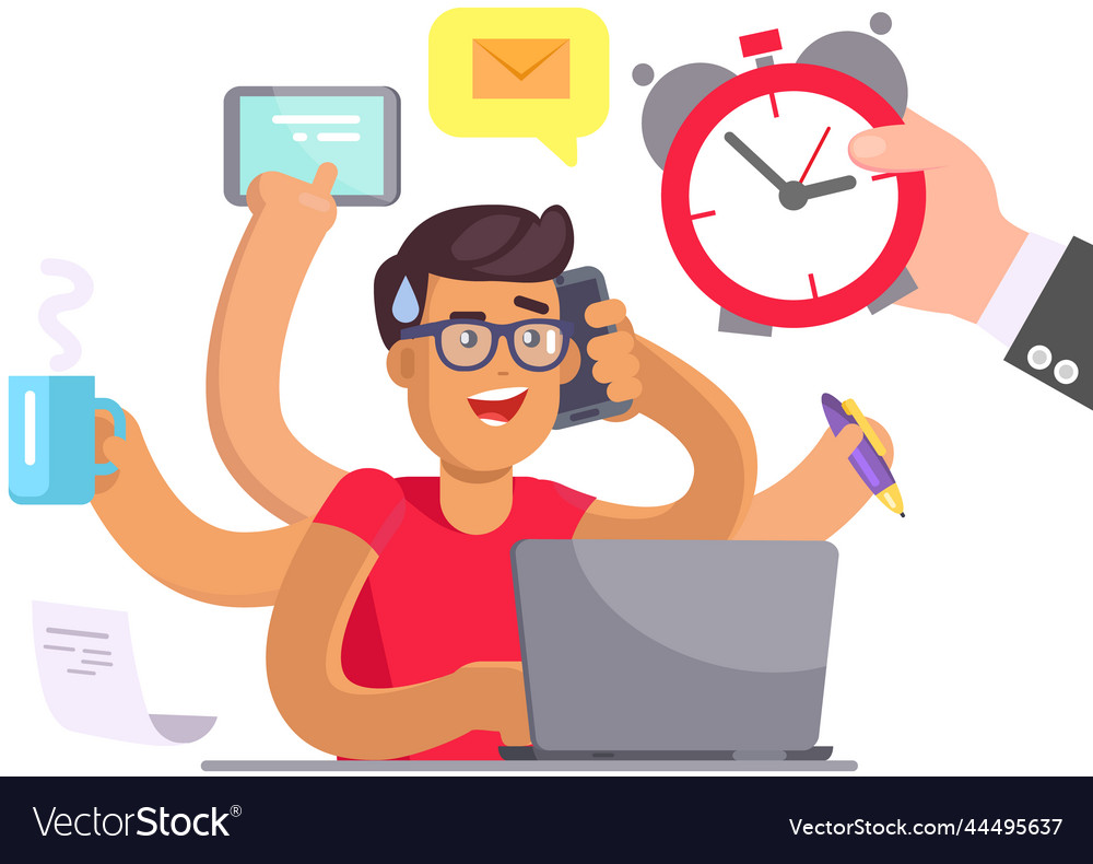 Stressed man doing simultaneously many tasks Vector Image Stressed man doing simultaneously many tasks Vector Image