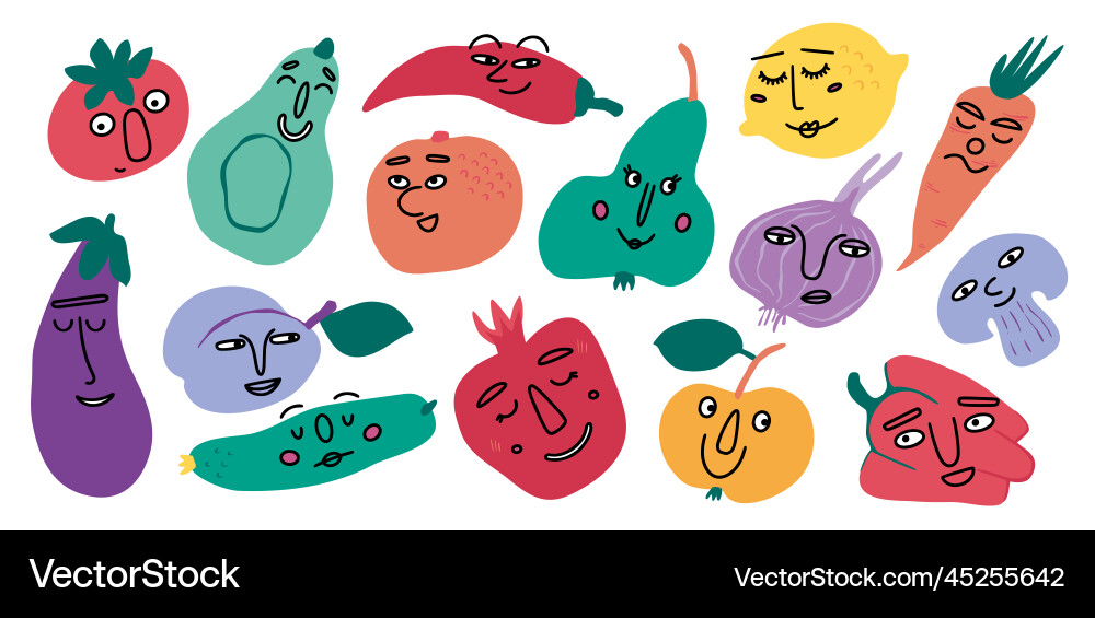Funny smile vegetables face characters happy Vector Image