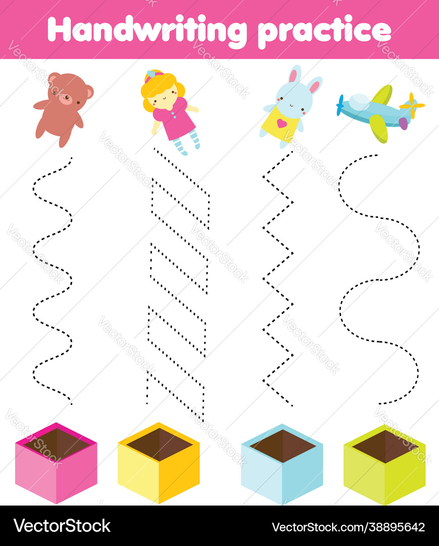 Put toys in box handwriting practice sheet Vector Image