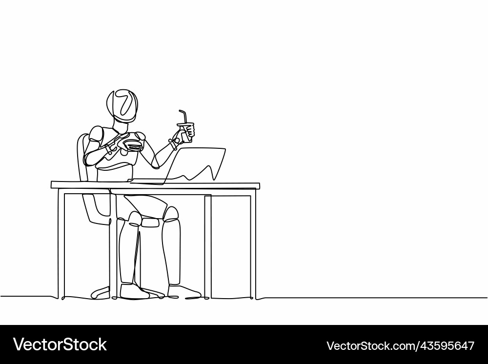 Single continuous line drawing robot eating Vector Image