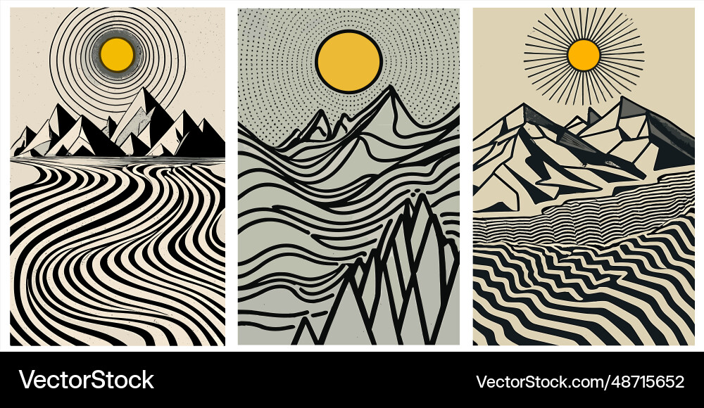 Hand drawing mountain and sunset line art print Vector Image