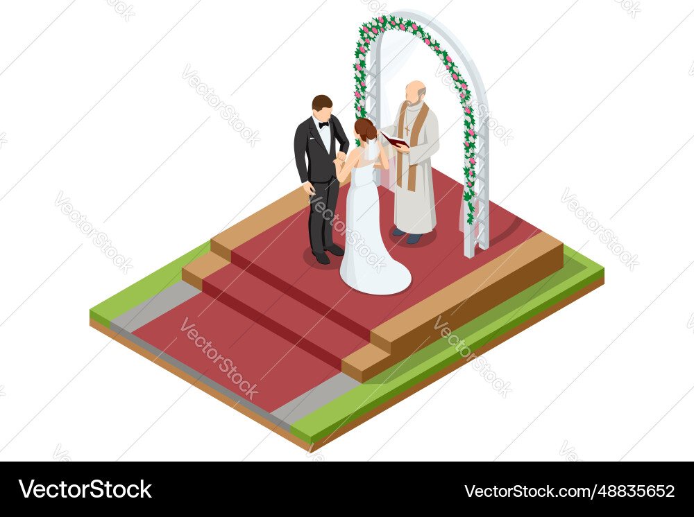 Isometric wedding couple and the priest Royalty Free Vector