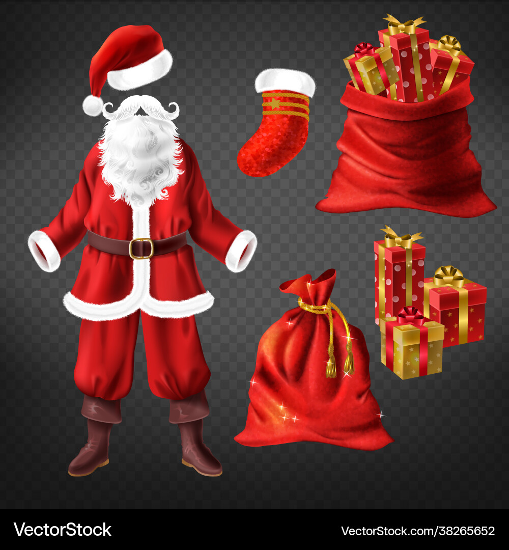 Santa suit and christmas attributes set Royalty Free Vector