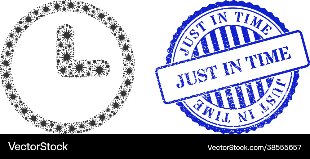 Grunge just in time stamp and virus clock collage Vector Image