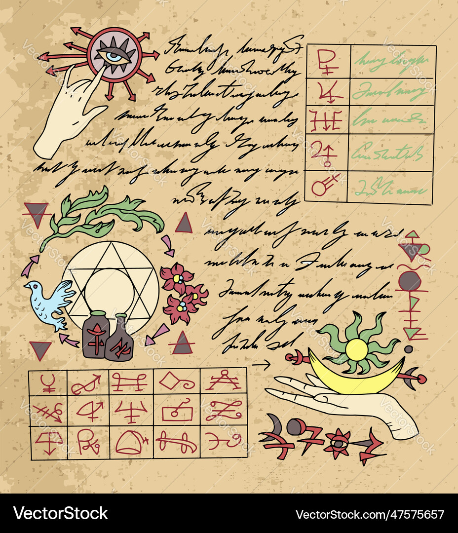 Page with magic spells and mystic drawings Vector Image