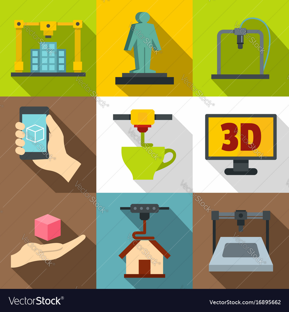 Creation on a 3d machine icons set flat style Vector Image