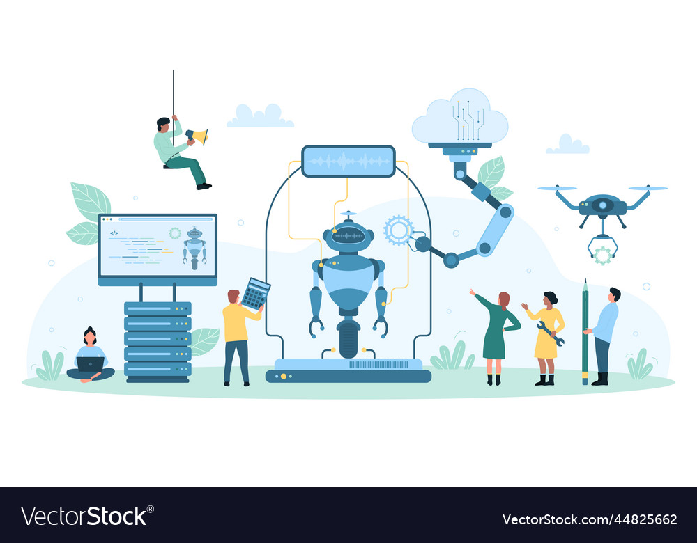 Science robot building technology tiny people Vector Image