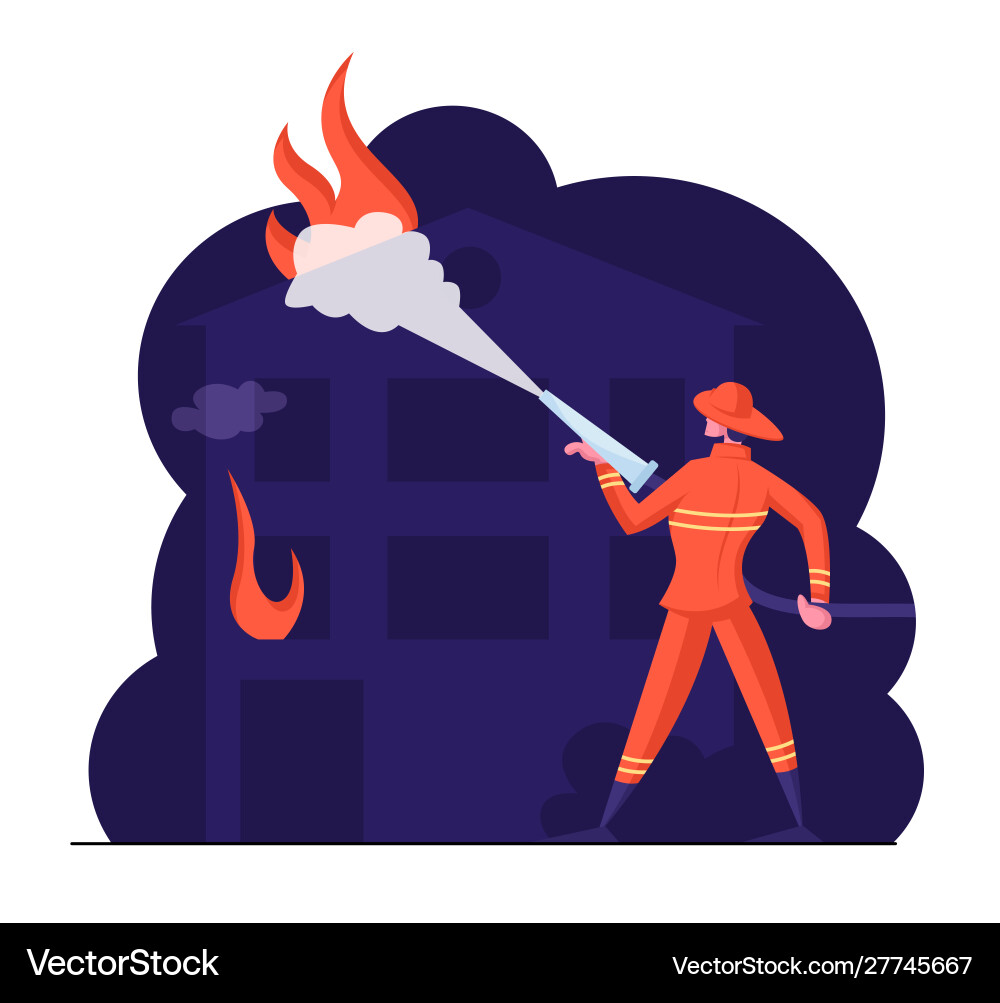 Brave fireman spraying water from hose fighting Vector Image