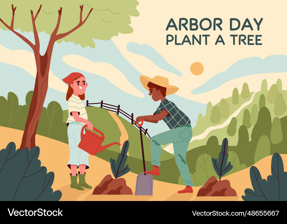 Children Planting a Tree - Arbor Day Royalty Free Vector
