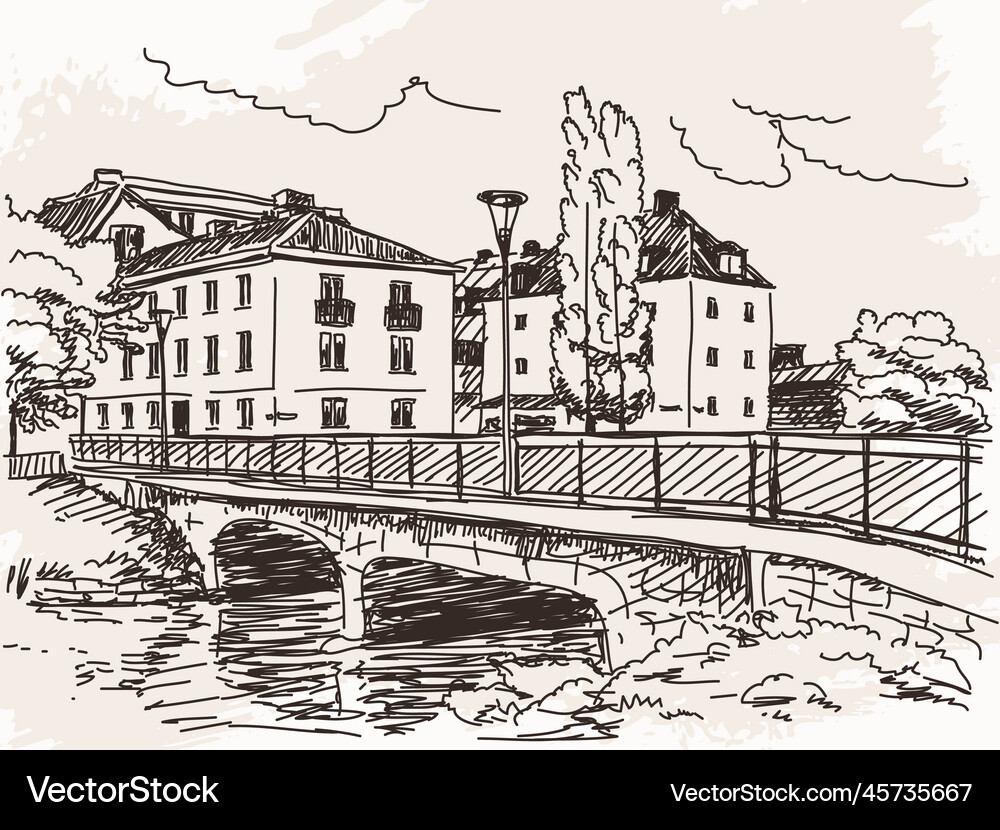 City riverside sketch hand drawn Royalty Free Vector Image