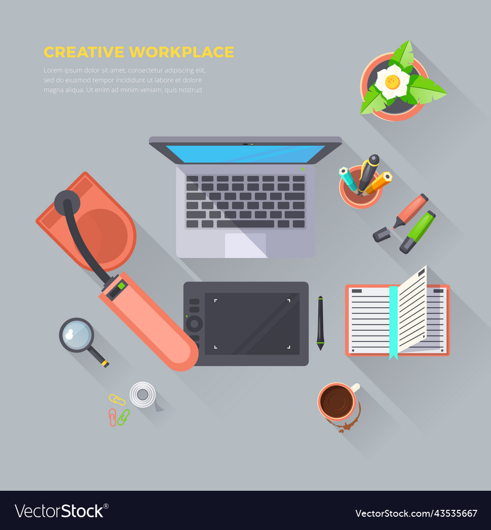 Creative workplace top view Royalty Free Vector Image