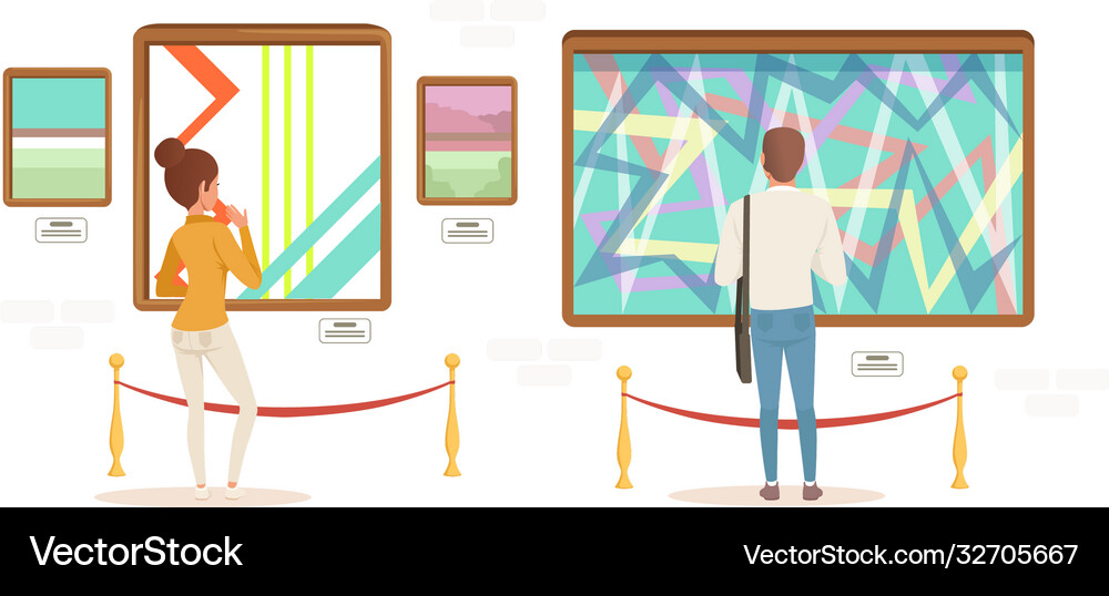 Visitors viewing modern abstract paintings people Vector Image